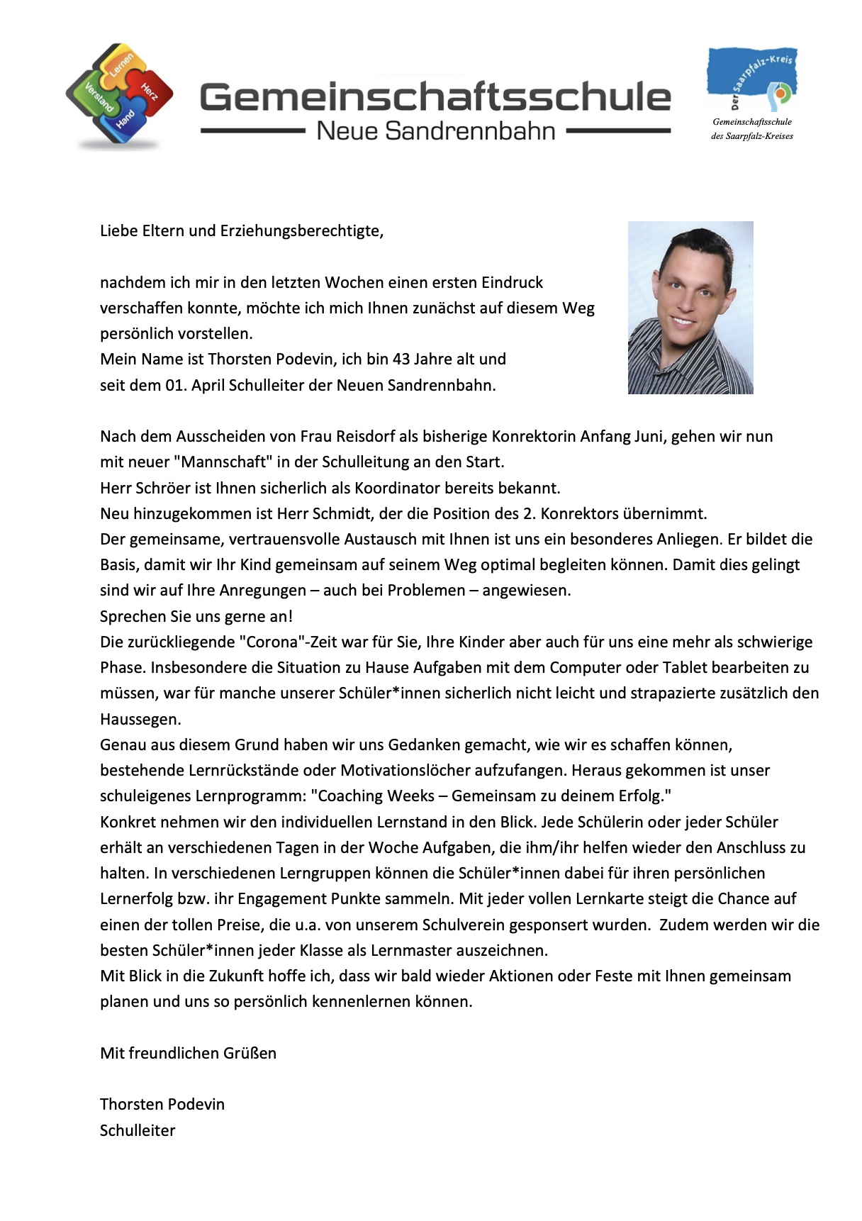 Elternbrief Vorstellung Schulleitung und Coaching-Weeks ...
